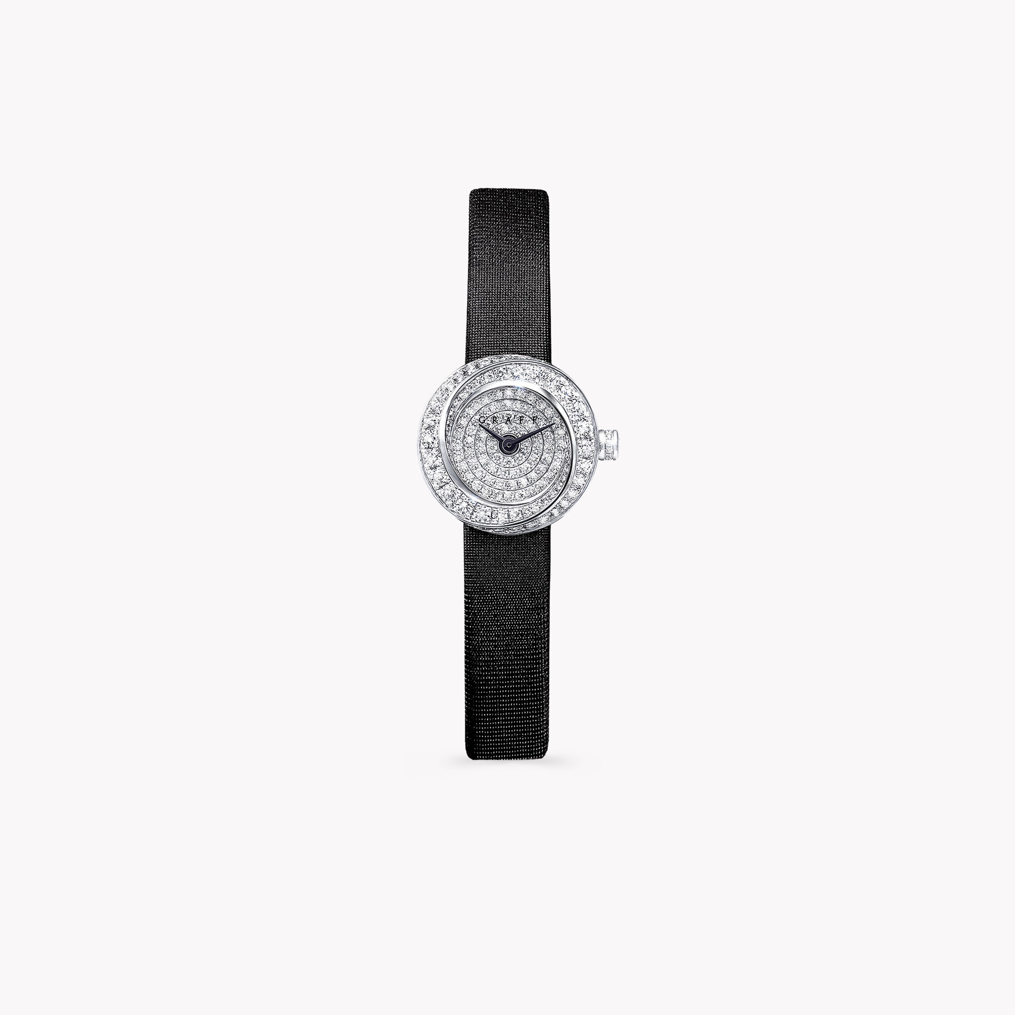 Montre Spiral, diamond dial, white gold, black satin strap, 19mm - Graff