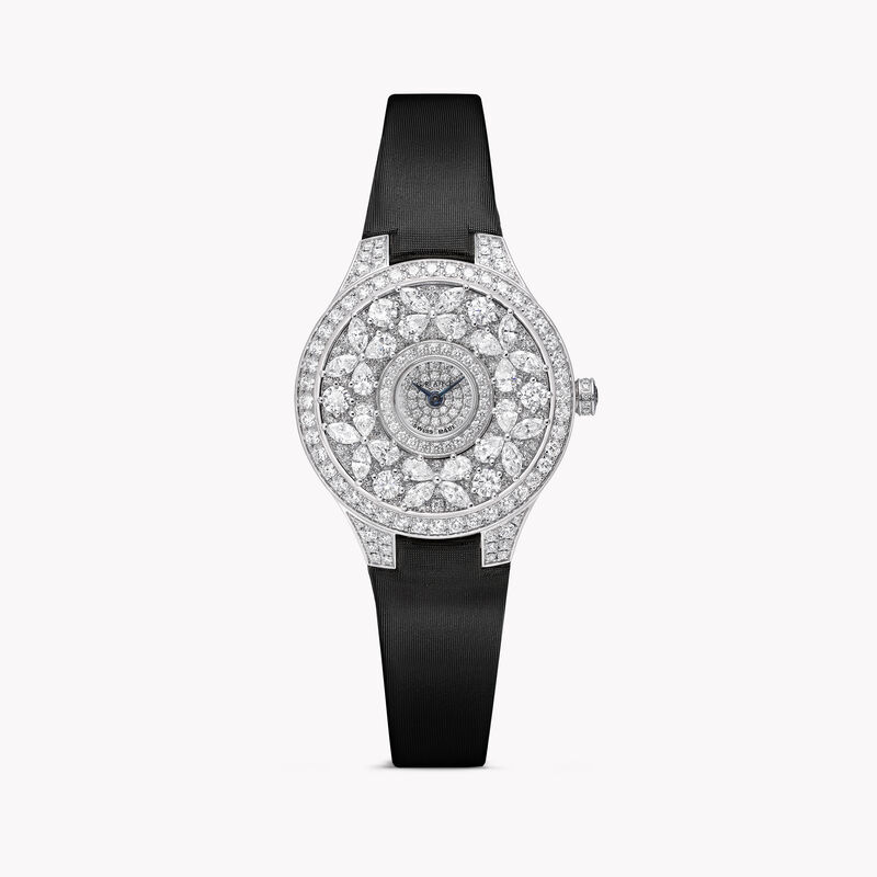 Classic Butterfly Diamond Watch, diamond dial, white gold, black satin ...