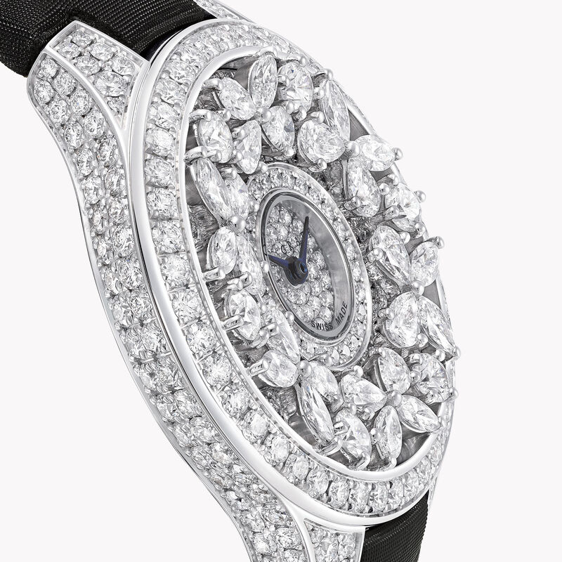 Classic Butterfly Diamond Watch, diamond dial, white gold, black satin ...