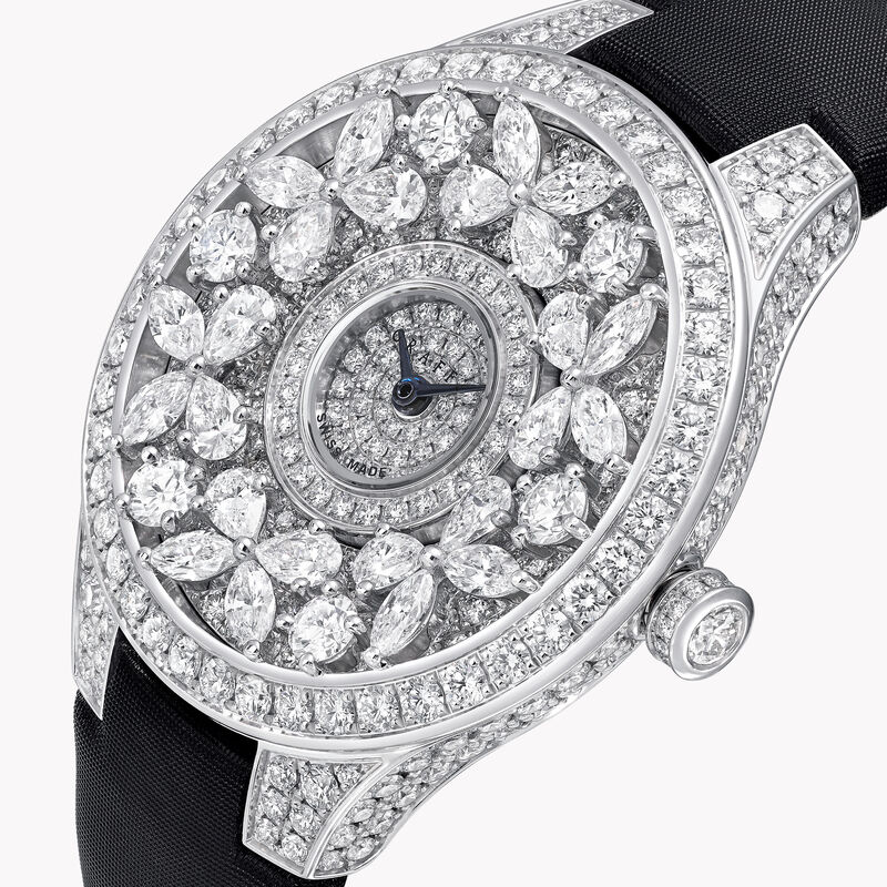 Classic Butterfly Diamond Watch, diamond dial, white gold, black satin ...